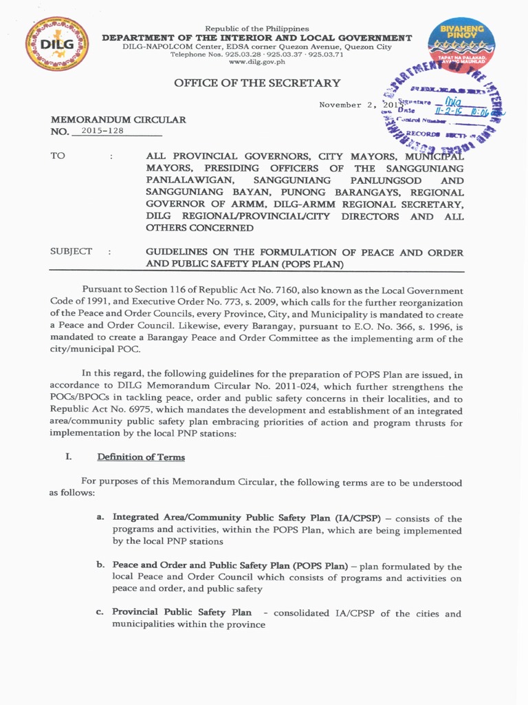 DILG MC 2015-128 Guidelines POPS PDF | PDF