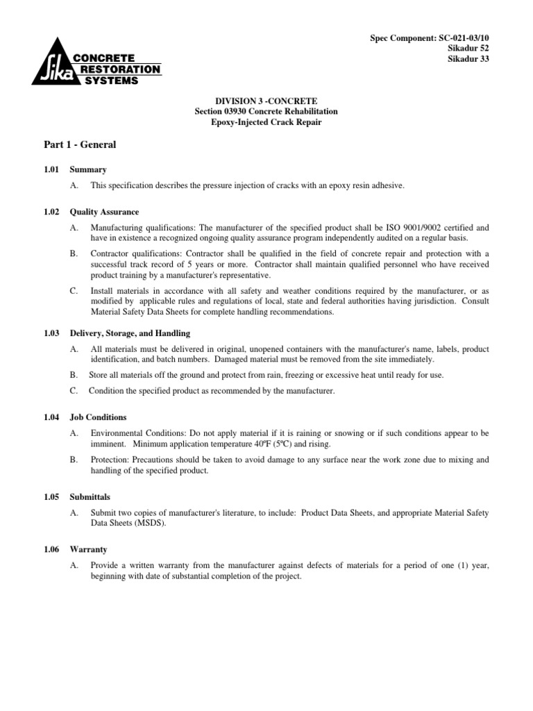 Sikadur 52 Guide Specifications B20492 | Epoxy | Specification ...