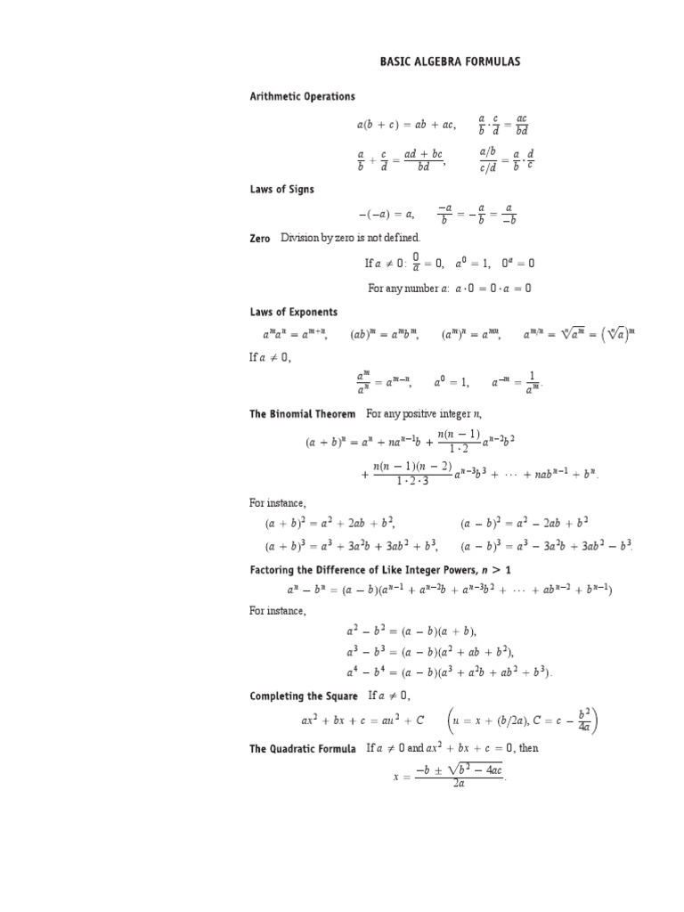 Basic Algebra Formulas | PDF | Algebra | Abstract Algebra