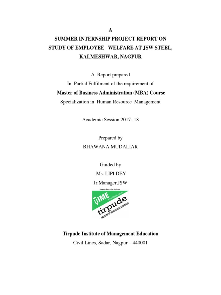 A Summer Internship Project Report On Study of Employee Welfare at JSW ...
