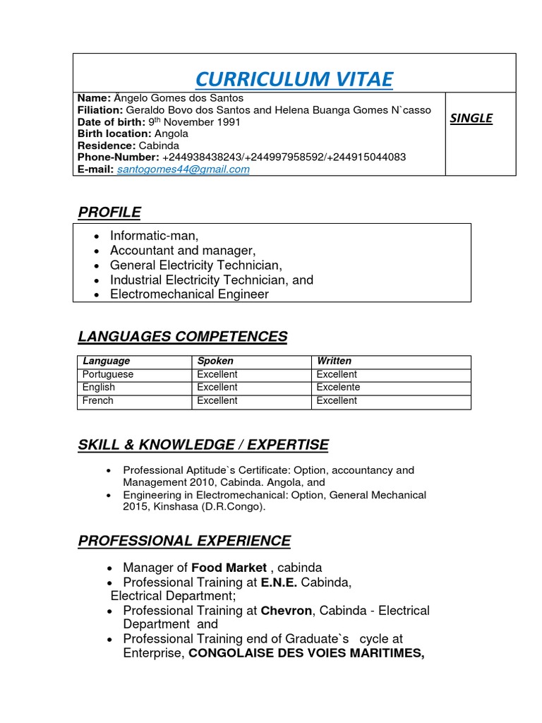 CV of Ângelo Gomes dos Santos | PDF | Business | Home & Garden