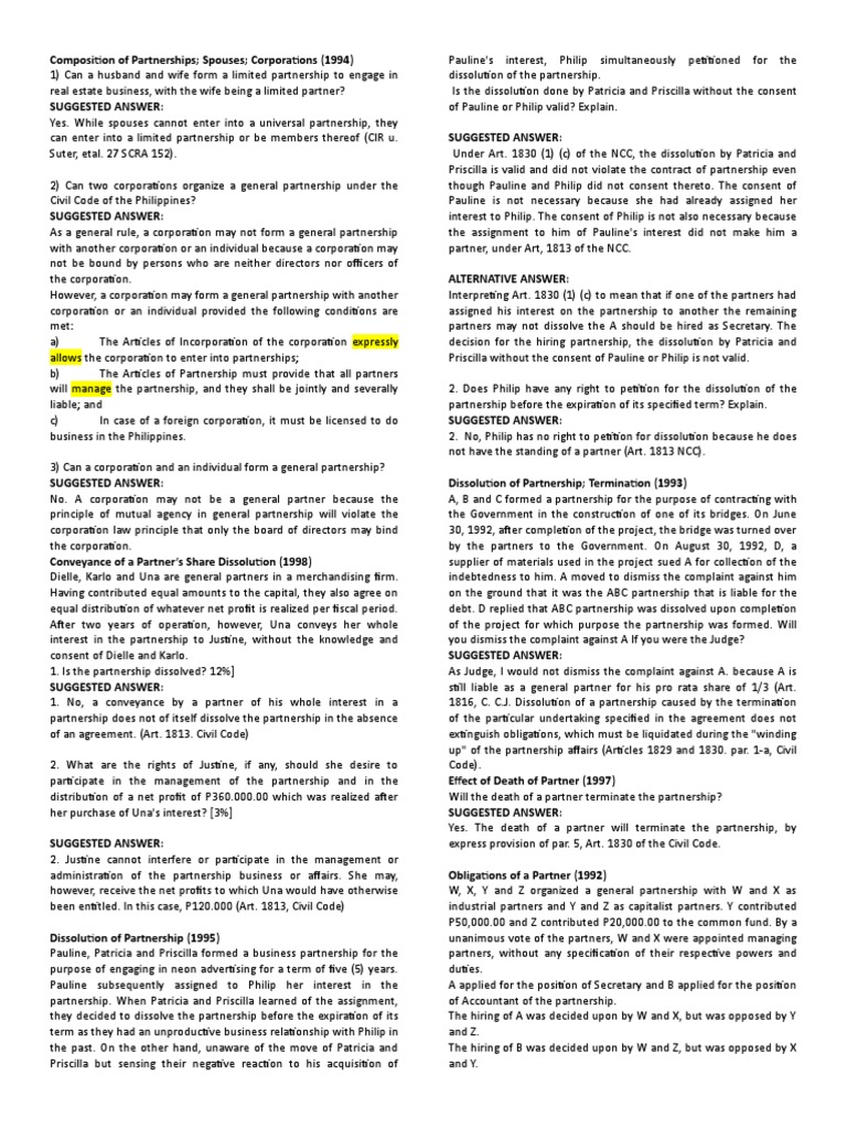 Partnership Bar Questions | Download Free PDF | General Partnership ...