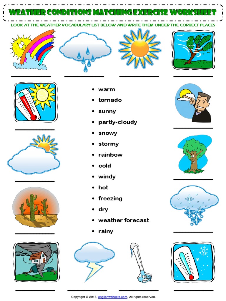 Weather Conditions Vocabulary Matching Exercise Worksheet PDF | PDF ...