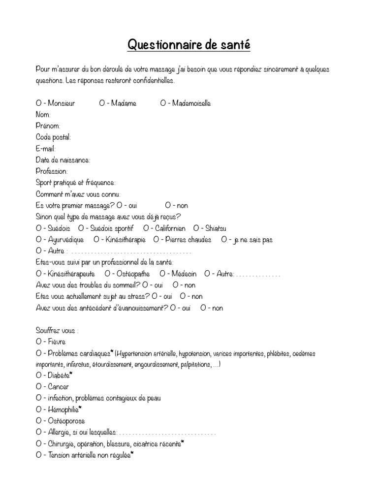 Questionnaire Sante | Descargar gratis PDF | Massage | RTT