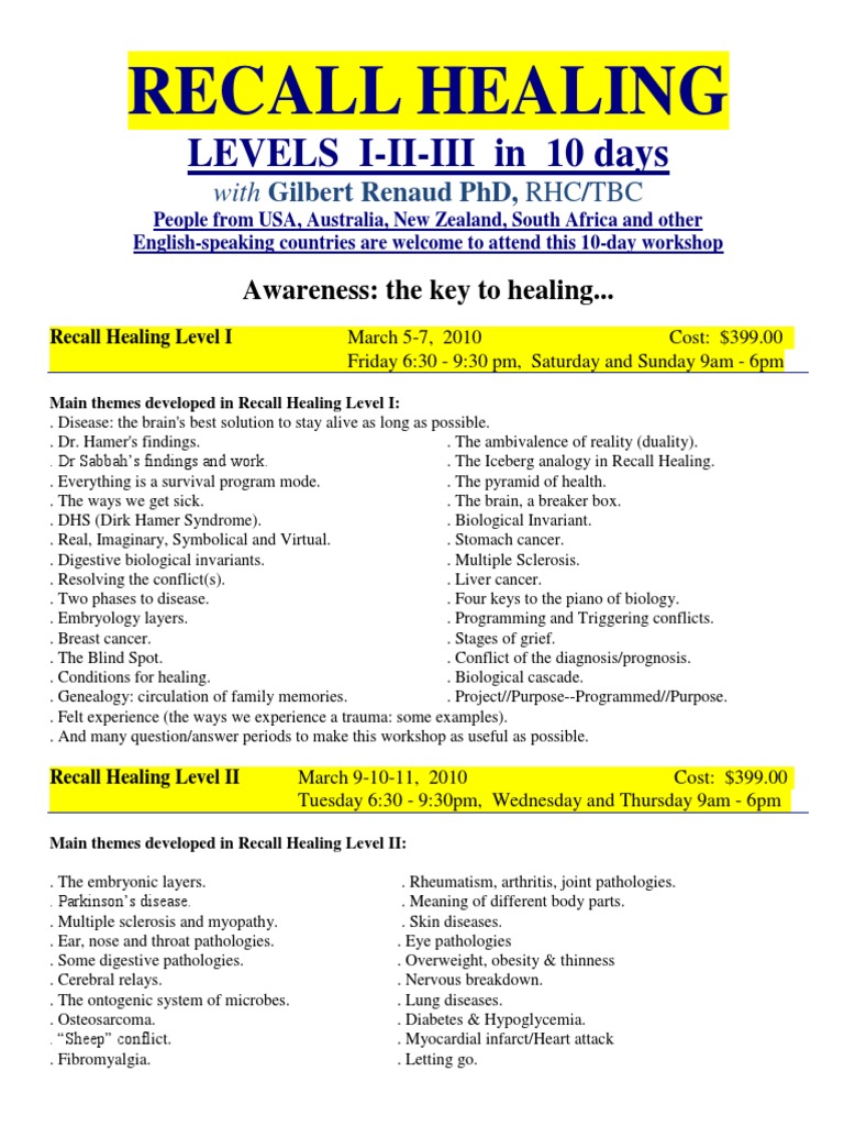 Recall Healing Workshop Series 2010 | PDF | Clinical Medicine | Medicine
