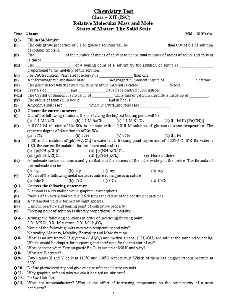 Chemistry Test-Relative Molecular Mass and Mole | PDF | Solution ...