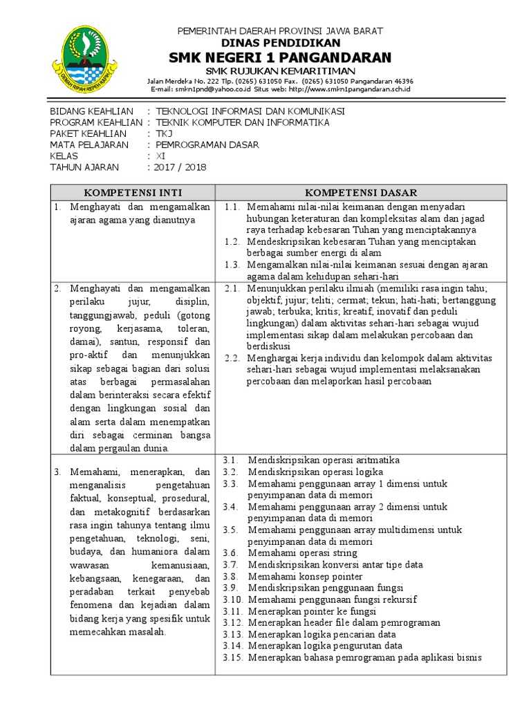 Silabus Pemrograman Dasar Kelas Xi TKJ | PDF