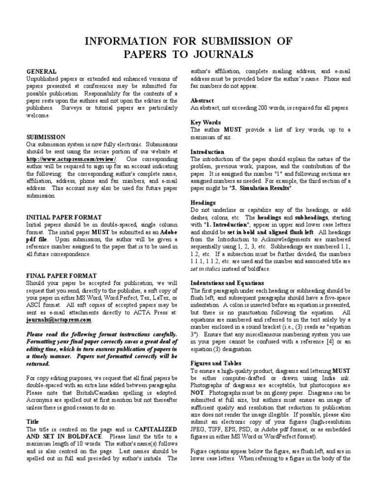 Information For Submission of Papers To Journals: Set in Italics ...