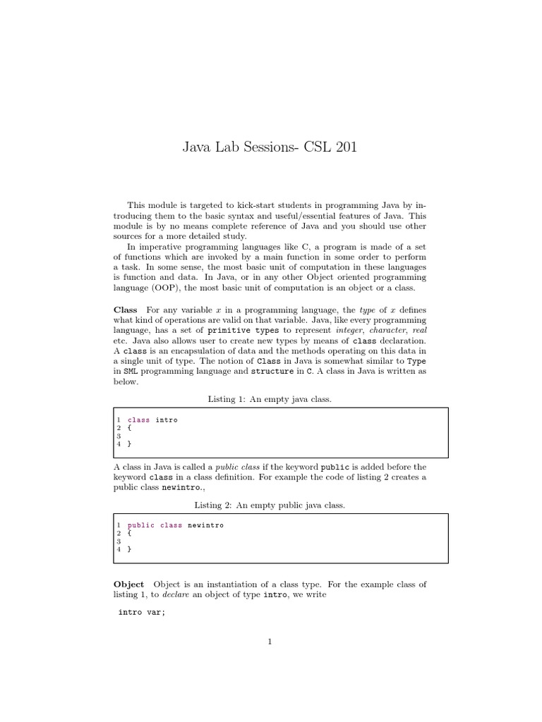 Java Lab Sessions Csl 201 1 Intro 2 3 4 Pdf Inheritance Object Oriented Programming