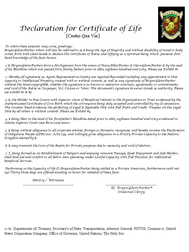 Bryan Parker's Declaration For Certificate of Life | PDF | Title ...