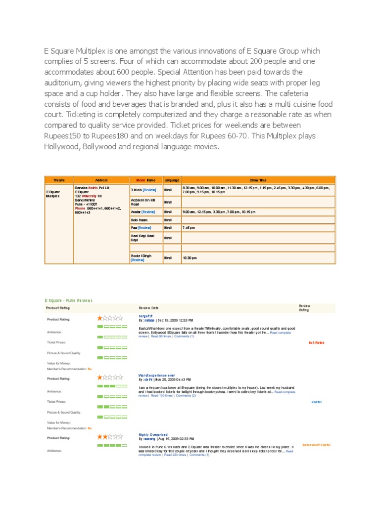 E Square Multiplex - Pune's Strategic Family Entertainment Centre | PDF ...
