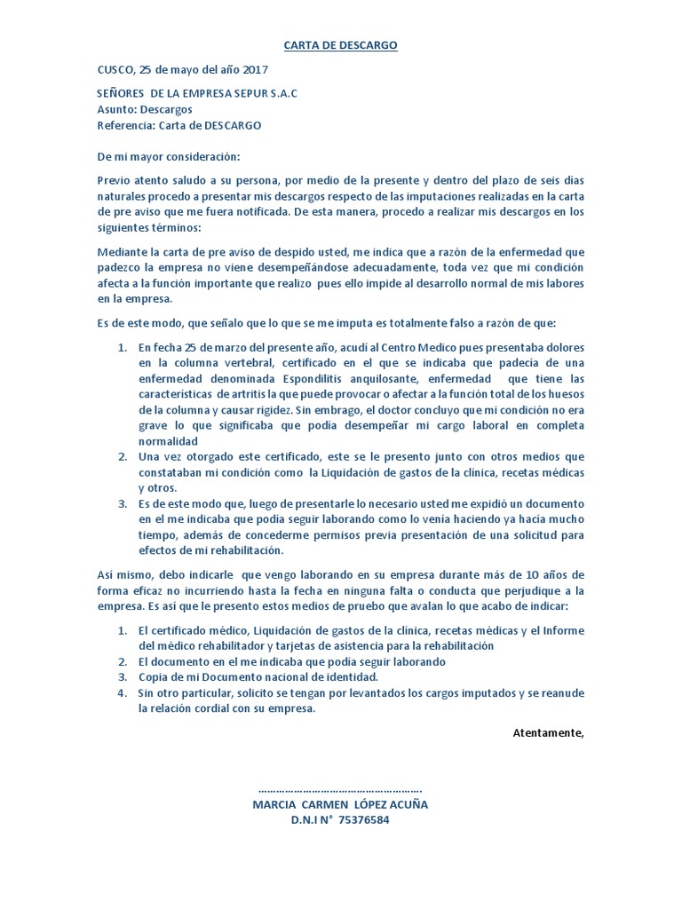 Carta de Descargo | PDF | Especialidades Medicas | Ciencias de la Salud
