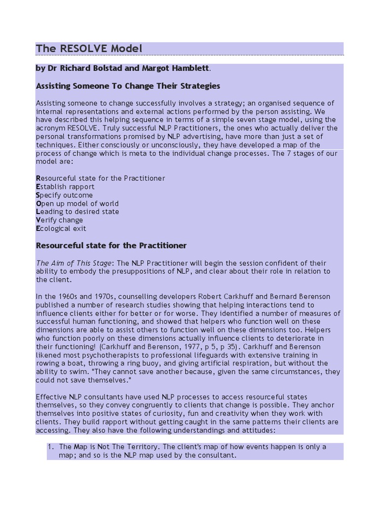 The Resolve Model | PDF | Neuro Linguistic Programming | Psychotherapy