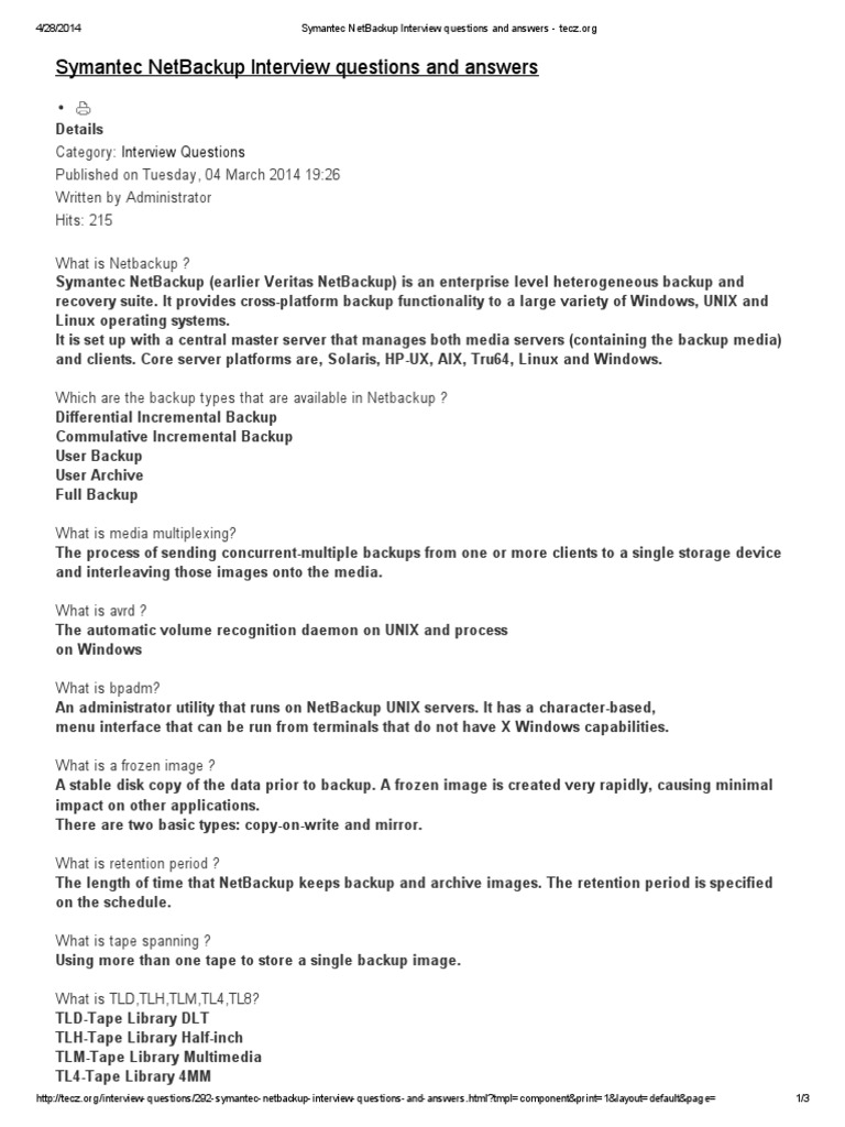 Symantec NetBackup Interview Questions and Answers Tecz PDF | PDF | Backup | Computer Data Storage