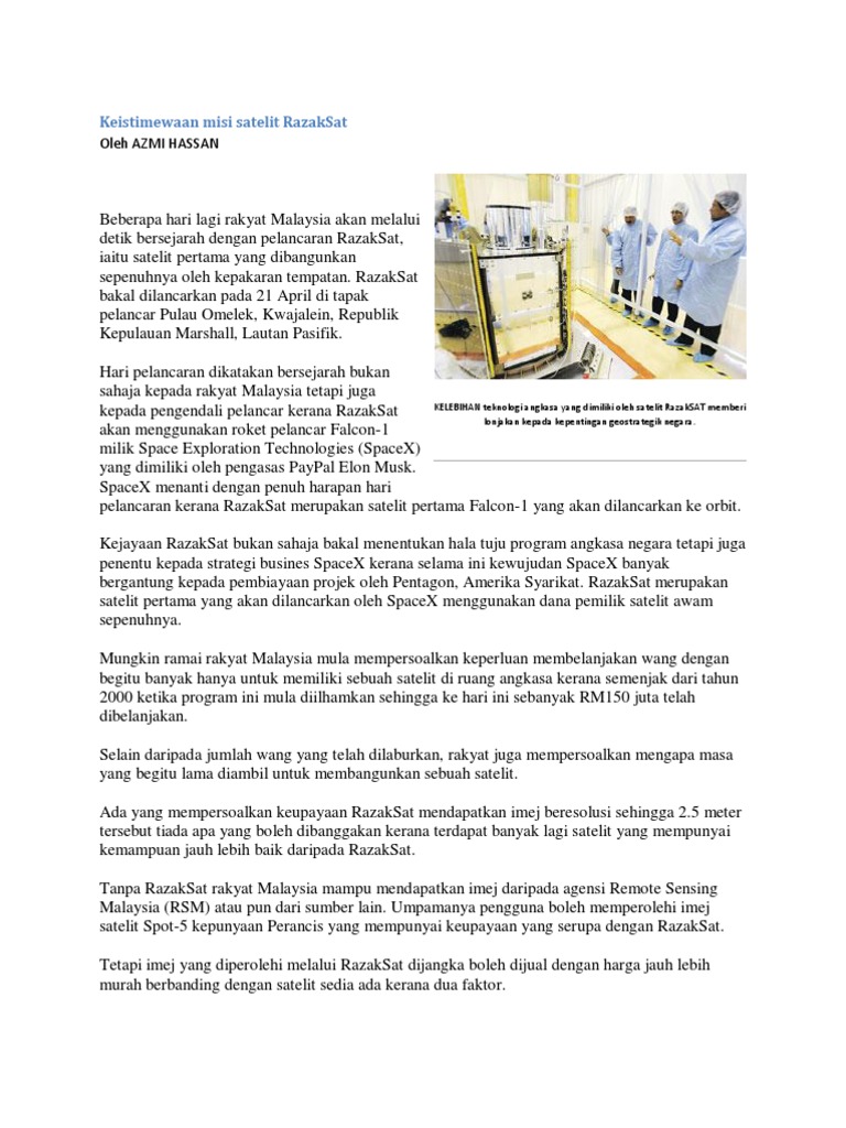 Keistimewaan Misi Satelit RazakSat | PDF