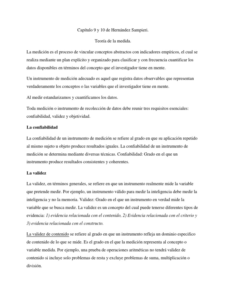 Capitulo 9 y 10 Sampieri | PDF | Validez (Estadísticas) | Medición