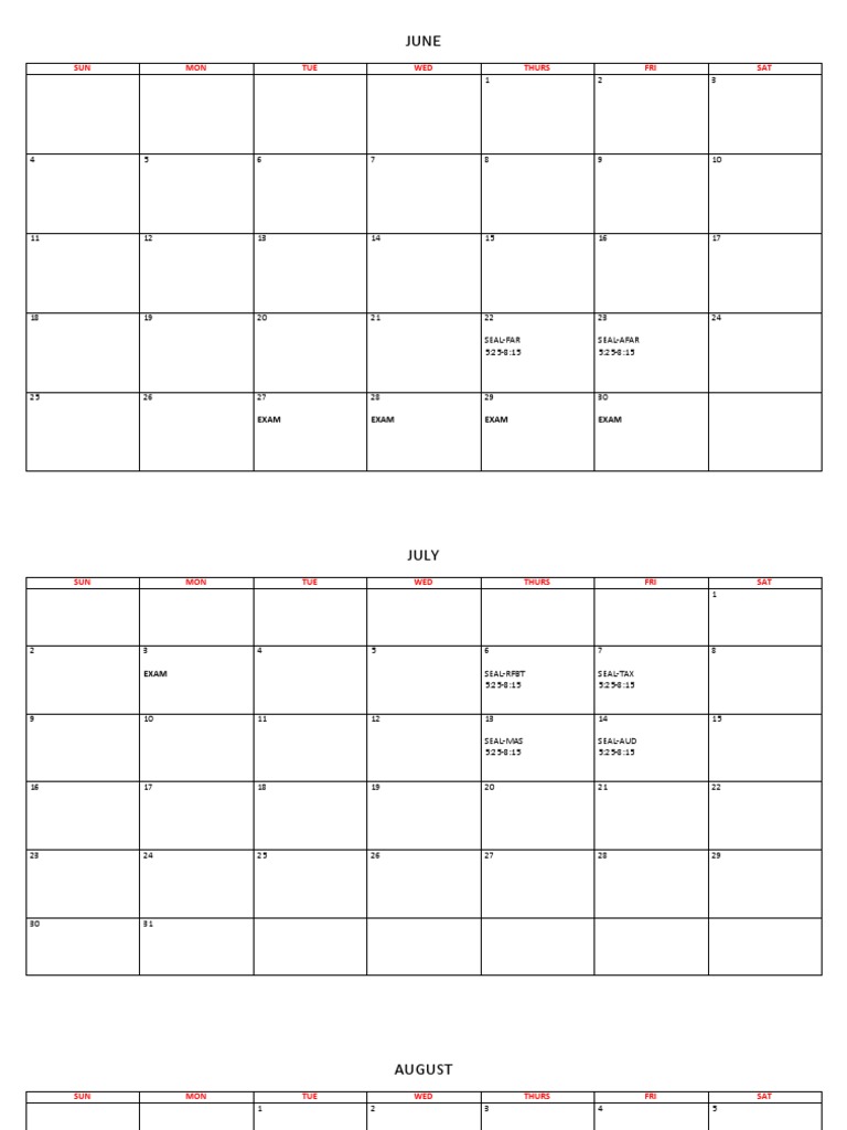 SUN MON TUE WED Thurs FRI SAT: Exam Exam Exam Exam | PDF