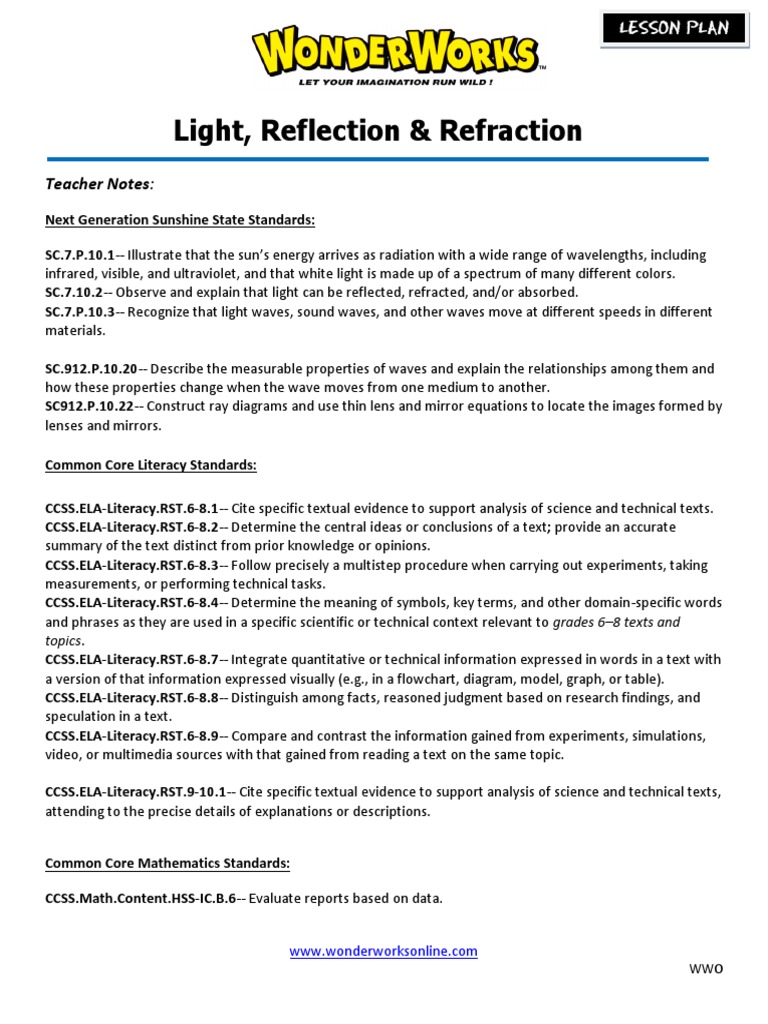 Light Reflection And Refraction Lesson Plan Pdf Mirror Reflection Physics