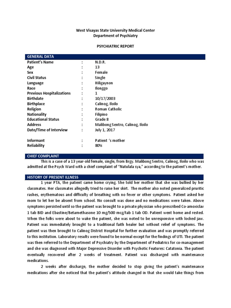 Psychiatric Report: Major Depression in Teen | PDF | Interpersonal ...