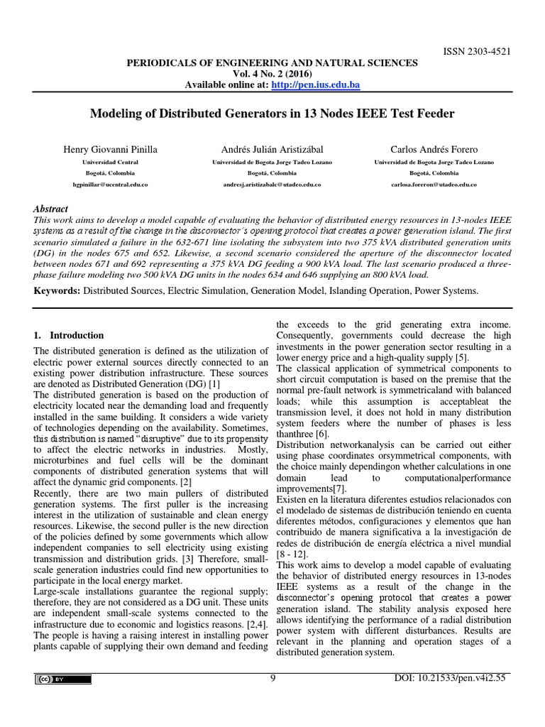 Modeling Of Distributed Generators In 13 Nodes Ieee Test Feeder Pdf Electrical Grid