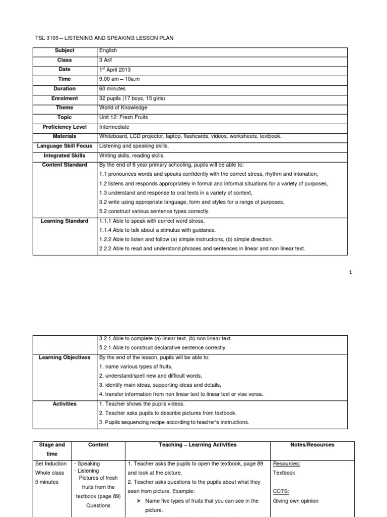 Listening and Speaking Lesson Plan Example KSSR | PDF | Reading ...