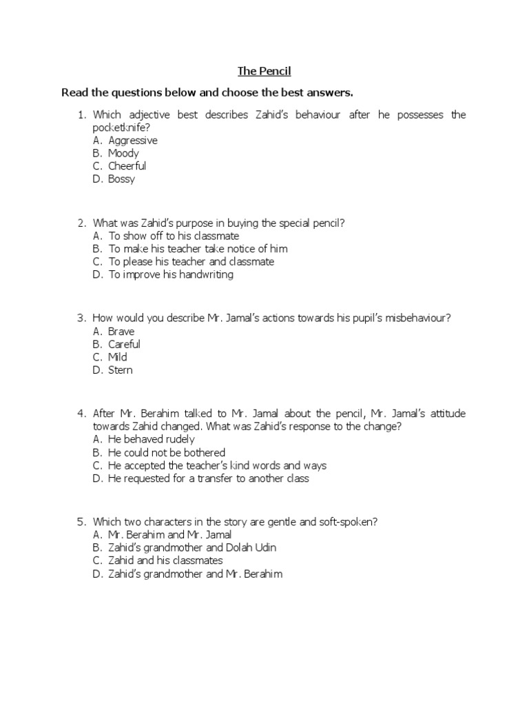 Zahid's Pencil: Character Analysis Quiz | PDF | Career & Growth ...