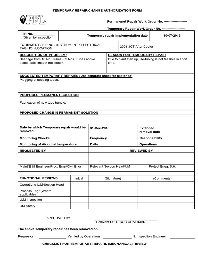 Temporary Repair Authorization Form | PDF | Fires | Engineering