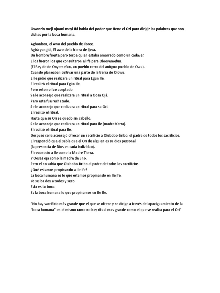 Owonrin Meji Ojuani Meyi Ifá Habla Del Poder Que Tiene El Ori para ...