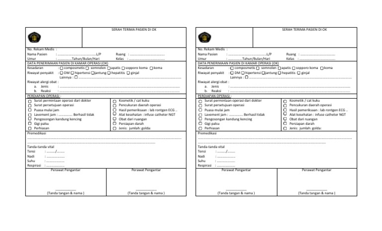 Form Serah Terima Pasien Di Ok Pdf