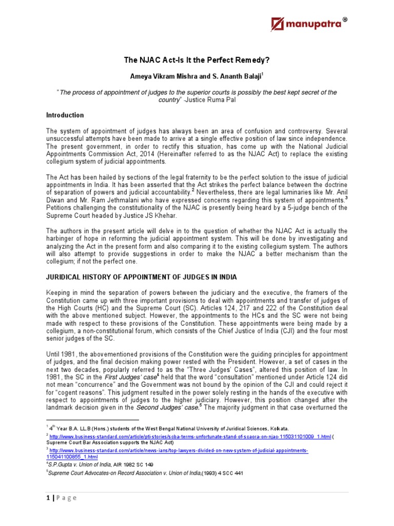 The NJAC Act-Is It The Perfect Remedy?: Ameya Vikram Mishra and S ...