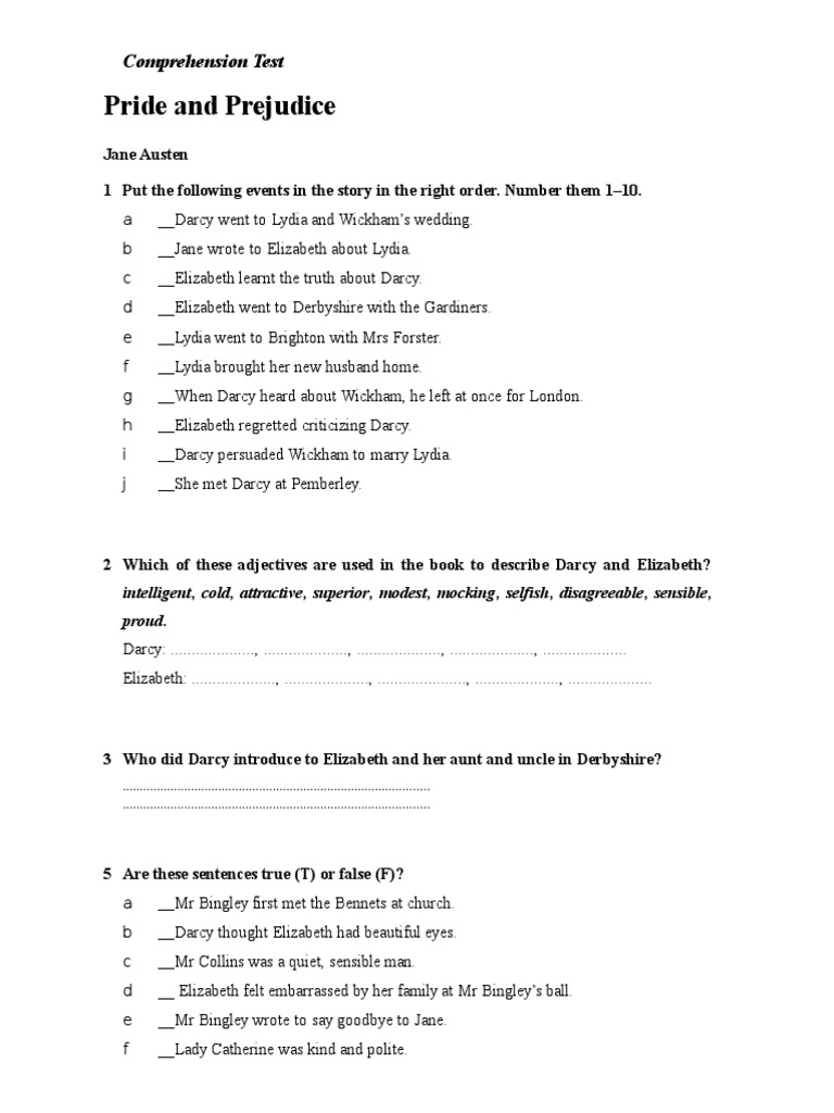 Pride and Prejudice Comprehension Test | PDF | Pride And Prejudice ...