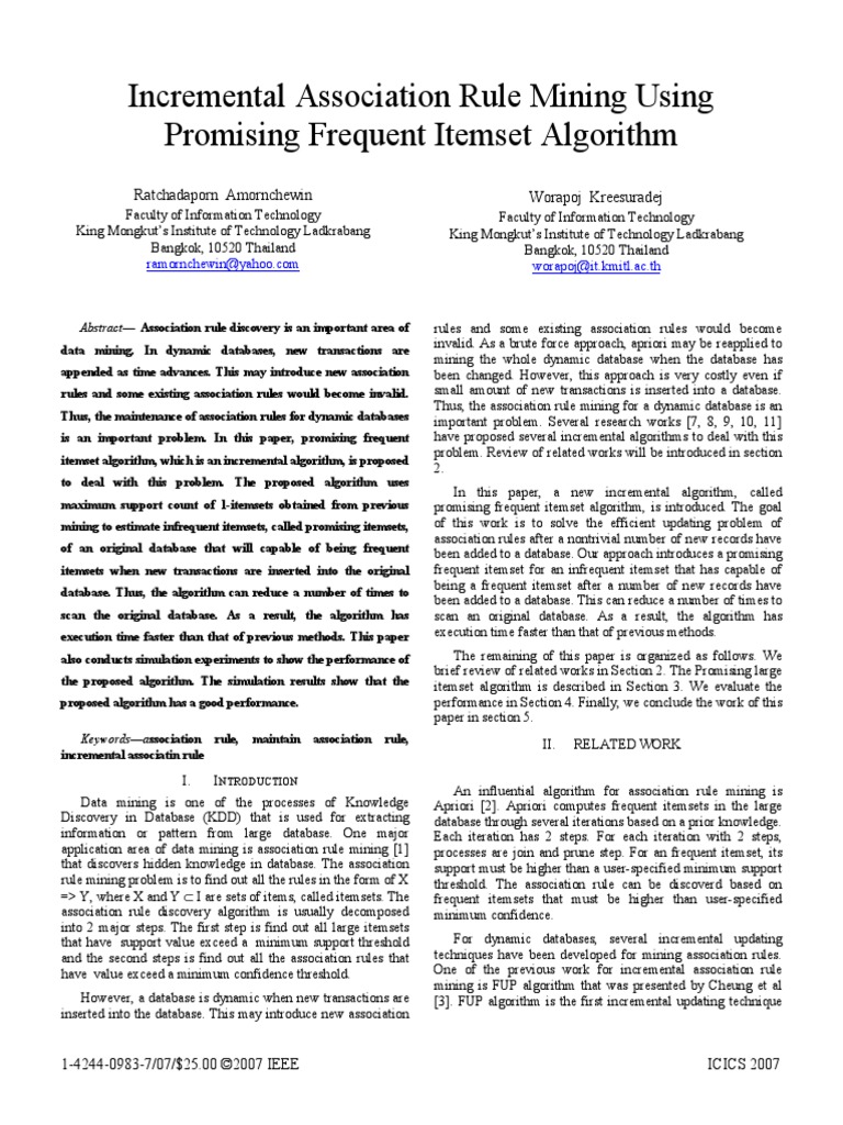 Incremental Association Rule Mining Using Promising Frequent Itemset Algorithm | PDF | Data ...