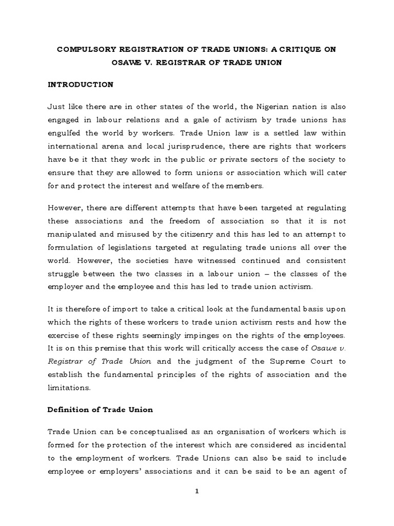 Osawe v Registrar: Trade Union Rights | PDF | Freedom Of Association ...