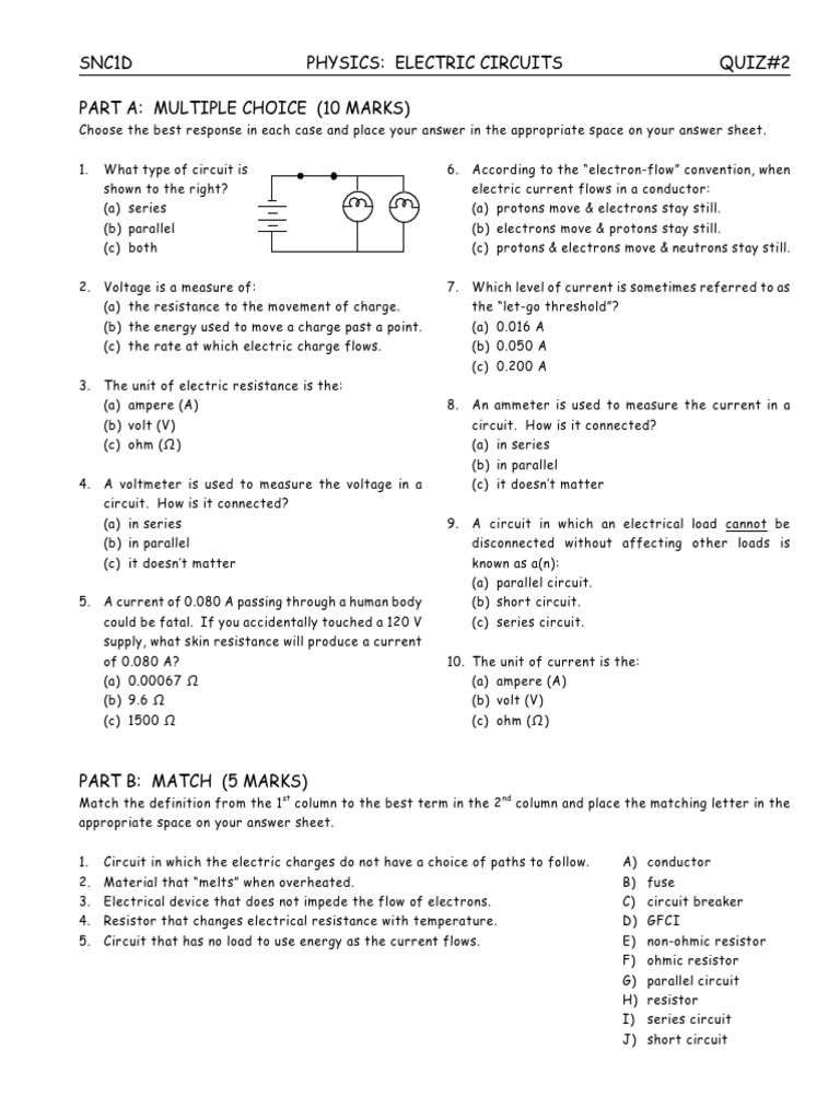 Electric Circuits Quiz for Grade 10 | PDF | Series And Parallel ...