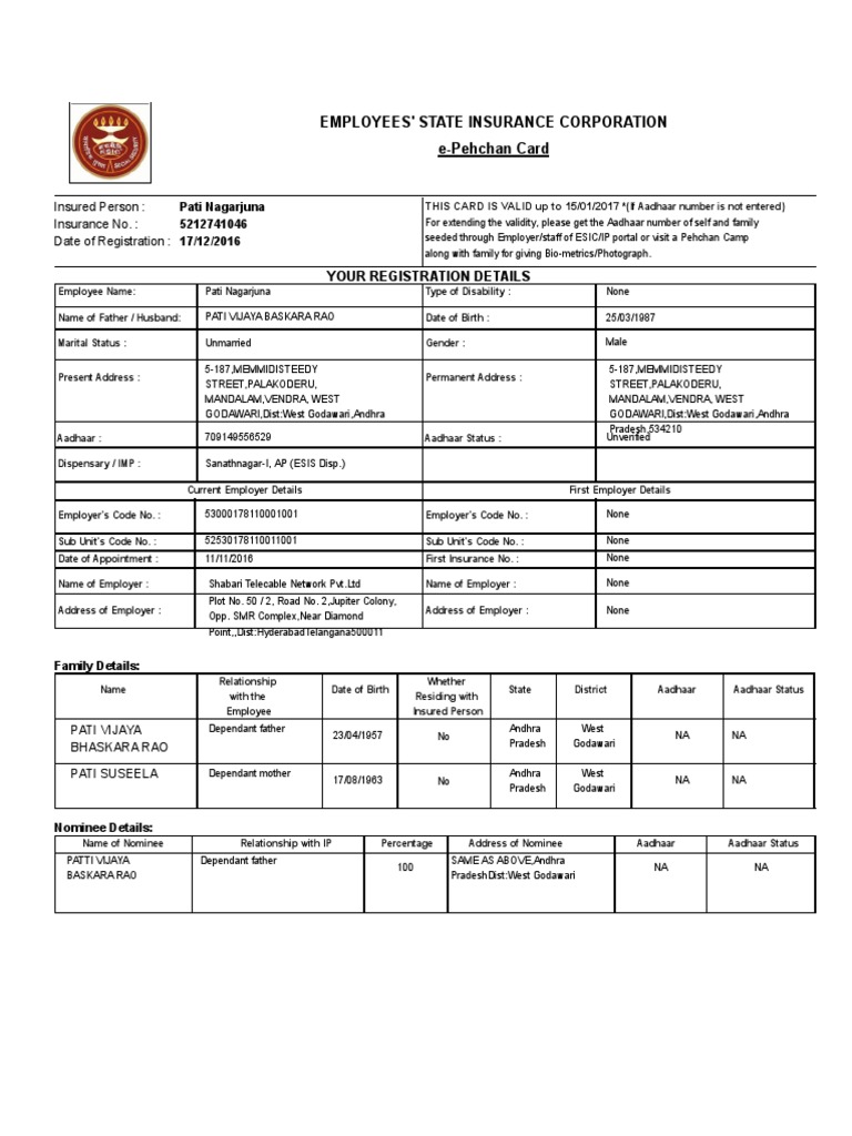 ESI Card Format | PDF | Government And Personhood | Government