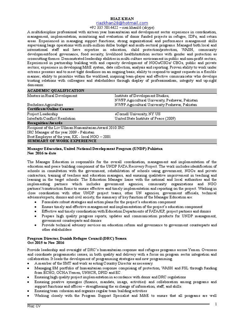 Riaz CV 2017 | PDF | Capacity Building | Non Governmental Organization