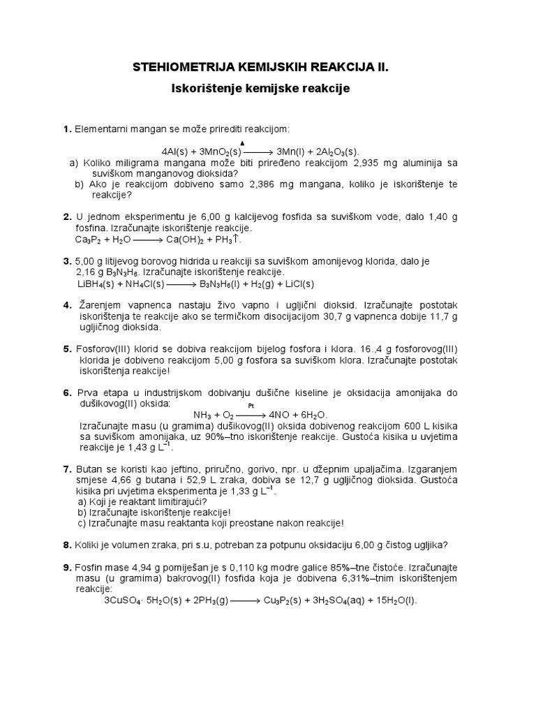 Stehiometrija Kemijskih Reakcija 2 | PDF