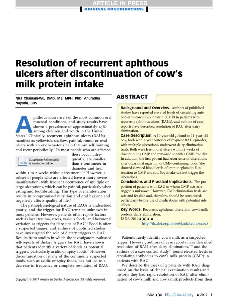 Correlation of Mouth Ulcer and Cow's Milk Protein Intake | PDF ...