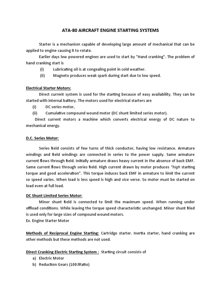 Ata-80 Aircraft Engine Starting Systems: Electrical Starter Motors ...