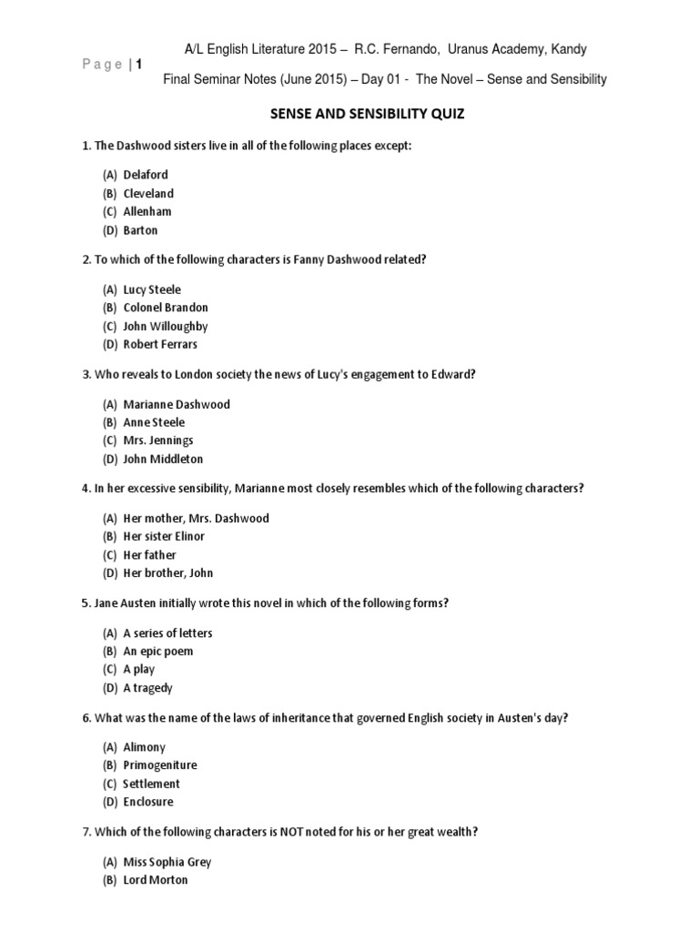 Sense and Sensibility Quiz Questions | PDF | Sense And Sensibility ...