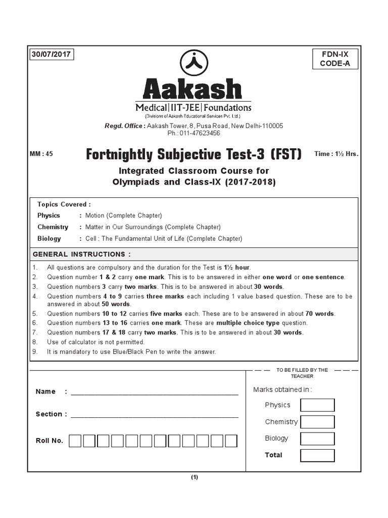 Aakash FST 3 - class 9 | Cell (Biology) | Plasma (Physics)