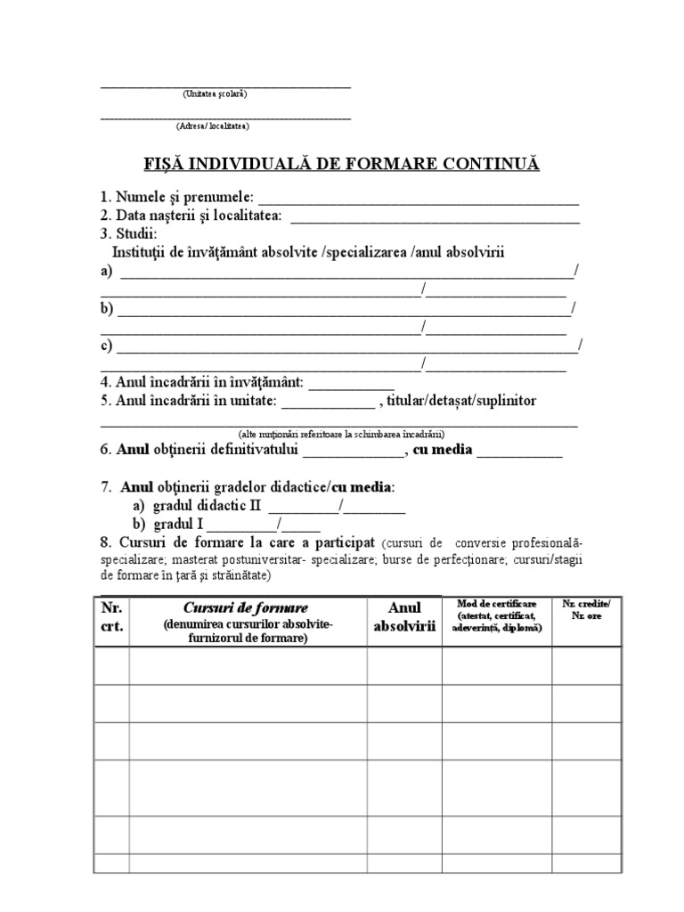 Fisa Individuala de Formare Continua | PDF