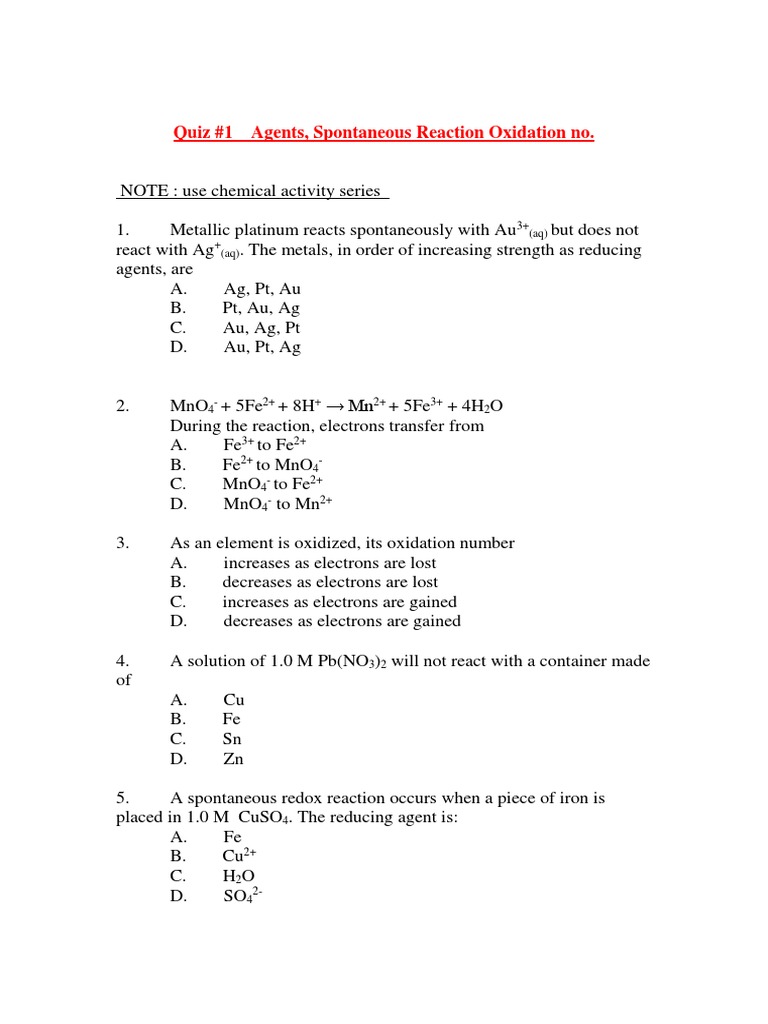 Quiz 1 | PDF | Redox | Chemistry