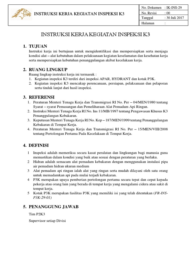 Instruksi Kerja Kegiatan Inspeksi k3 | PDF
