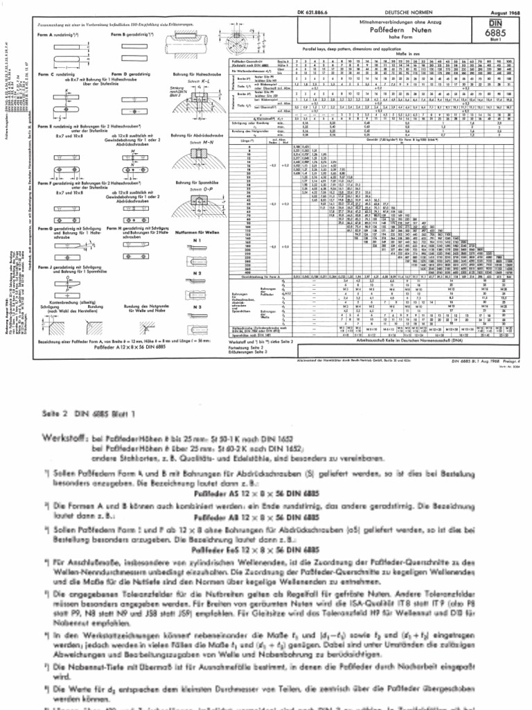(DIN 6885-1-1968-08) - Mitnehmerverbindungen Ohne Anzug Paßfedern, Nuten, Hohe Form PDF | PDF