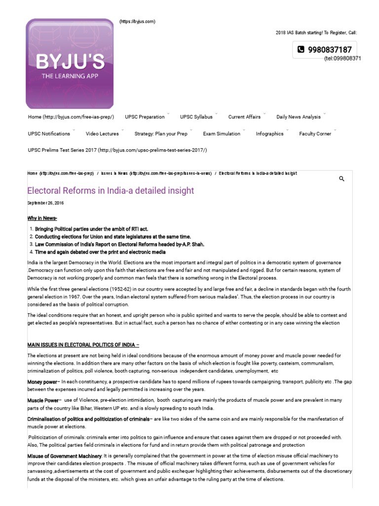 Electoral Reforms in India-A Detailed Insight - Byjus | PDF | Elections ...
