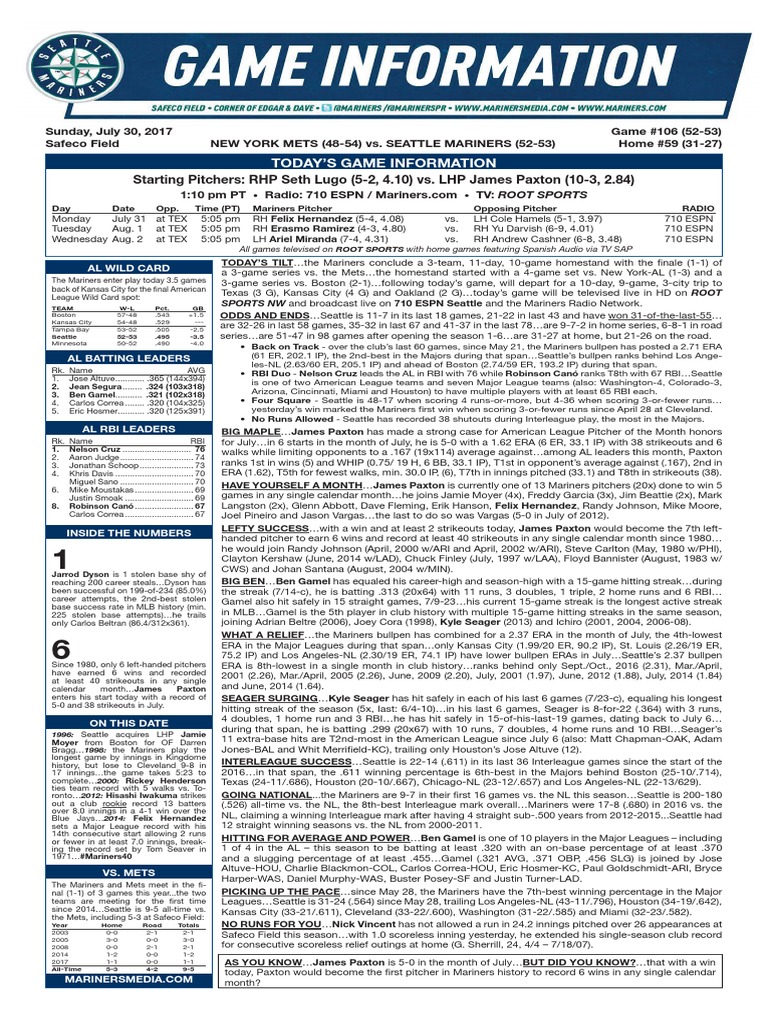 07.30.17 Game Notes | PDF | Home Run | Athletic Sports