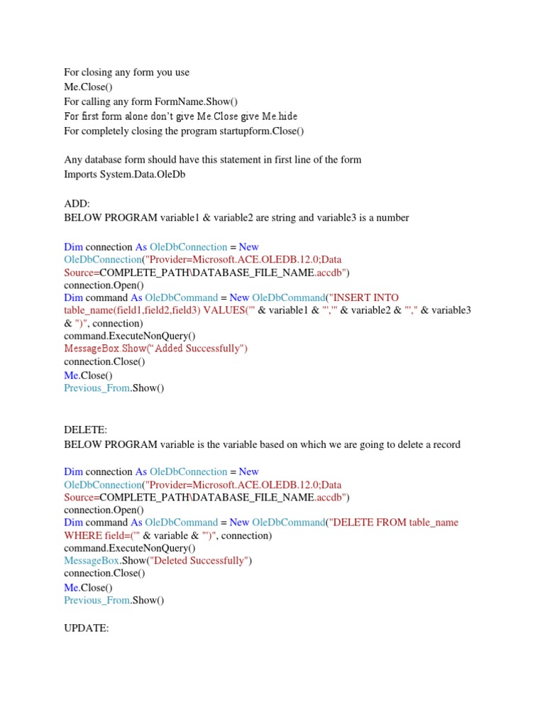 Basic Database Operations In Visual Basic Inserting Deleting Updating And Viewing Records