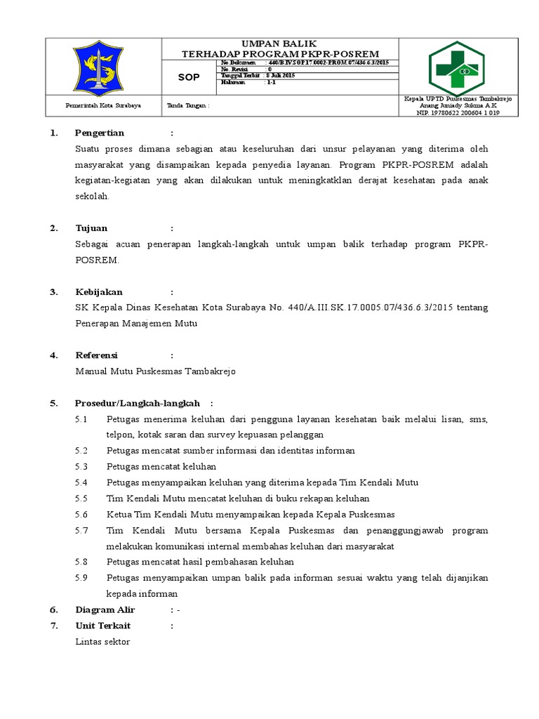 SOP Umpan Balik Program PKPR-POSREM | PDF