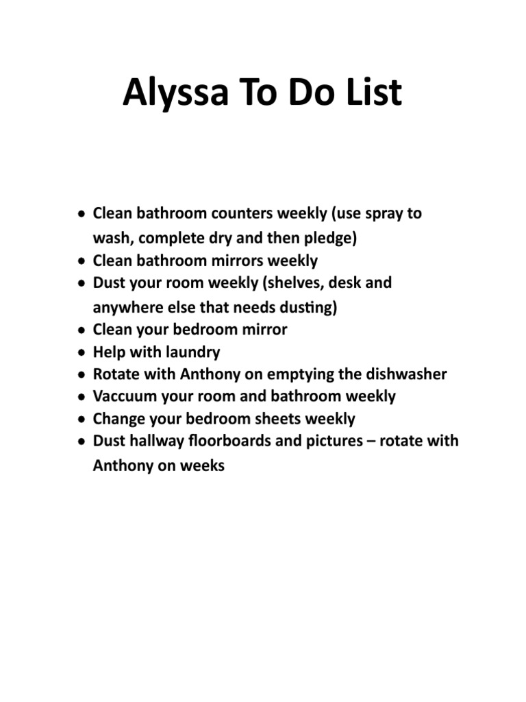 Weekly Cleaning Tasks for Alyssa | PDF | Home & Garden | Lifestyle